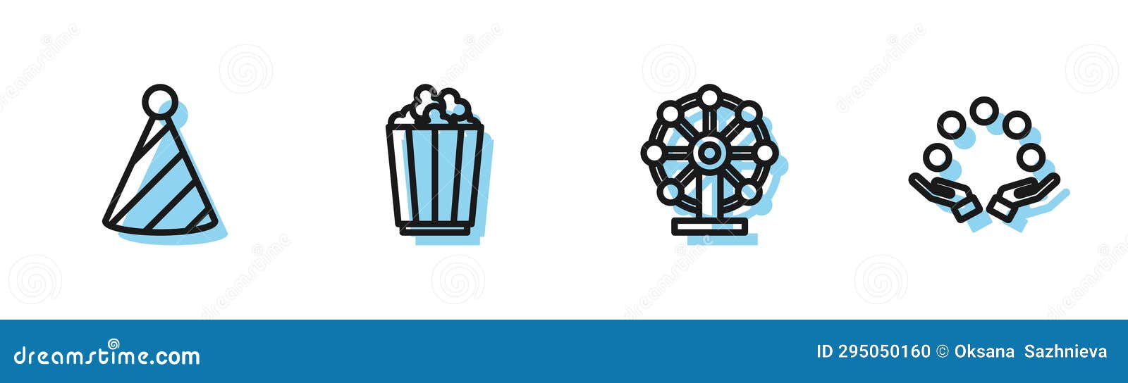 Set Line Ferris Wheel, Party Hat, Popcorn in Box and Juggling Ball Icon ...