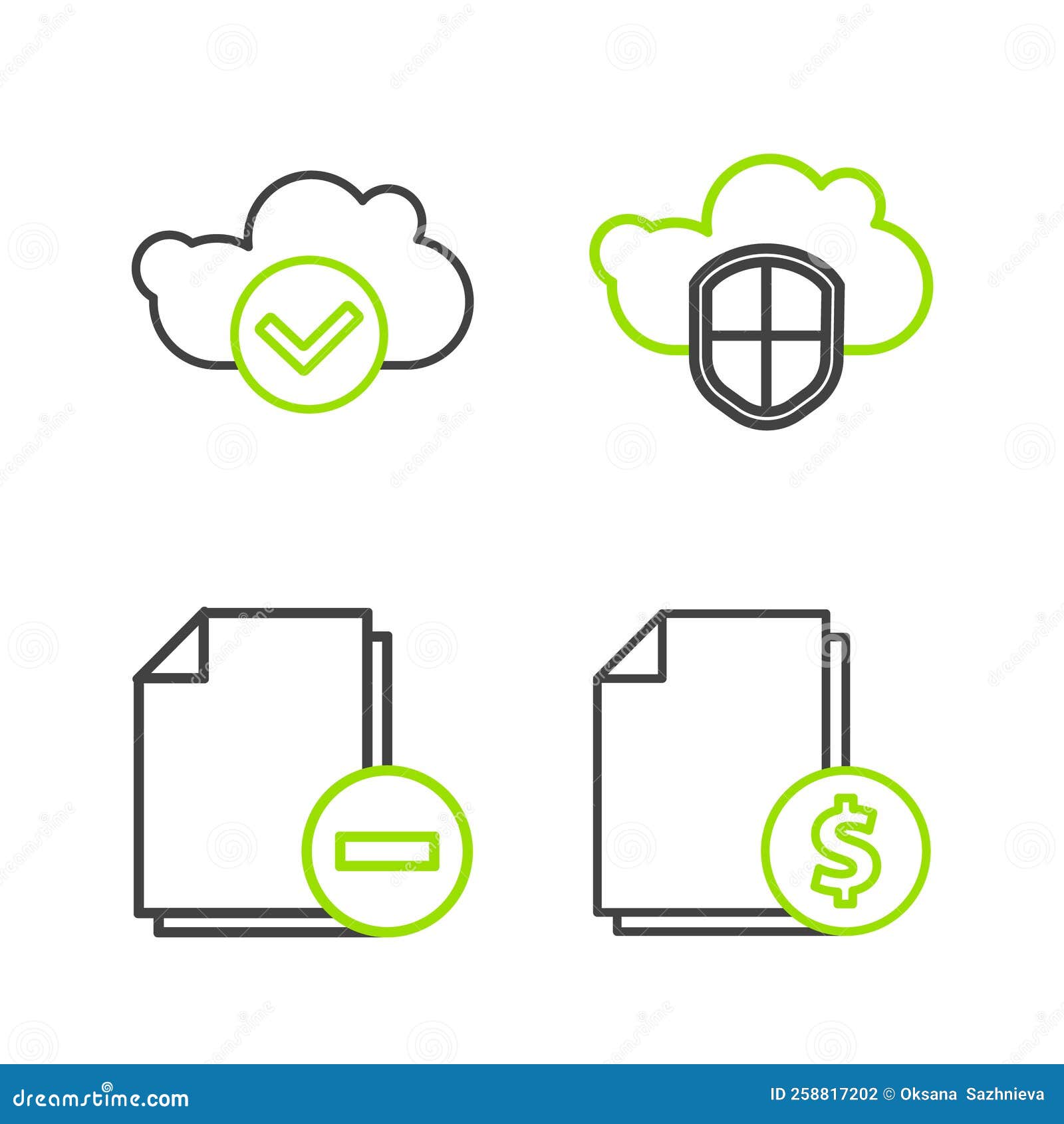 Set Line Finance Document, Document with Minus, Cloud and Shield and Check Mark Icon. Vector ...