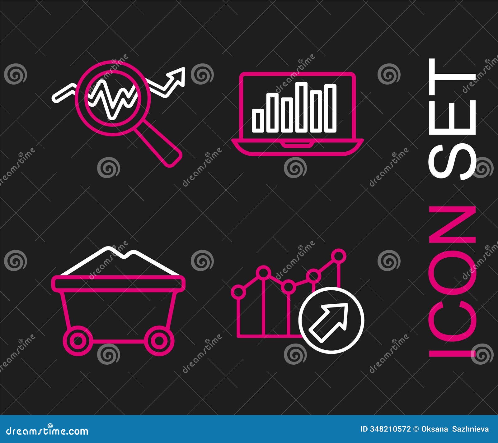 Set Line Financial Growth, Coal Mine Trolley, Laptop with Graph Chart and Search Data Analysis ...