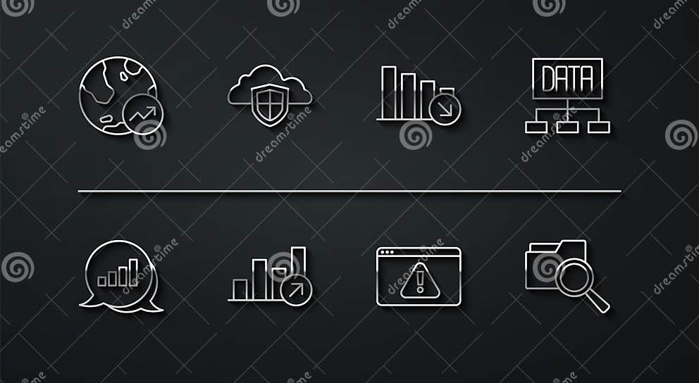 Set Line Financial Growth, Pie Chart Infographic, Data Analysis, Browser with Exclamation Mark ...