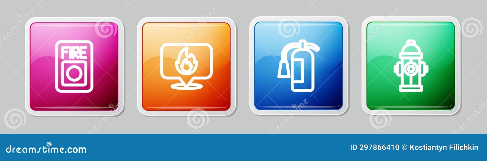 Set Line Fire Alarm System, Location with Fire Flame, Extinguisher and ...