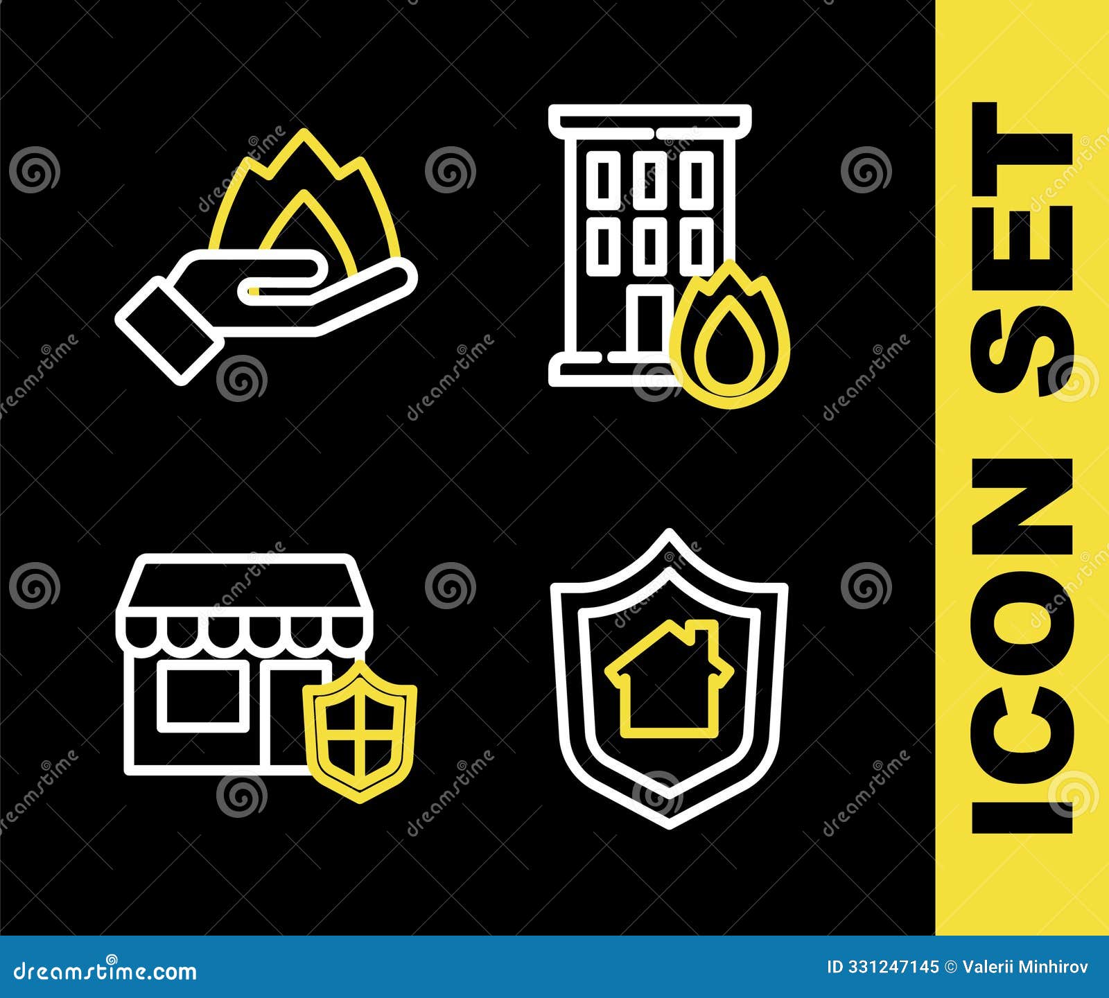 Set Line Fire in Burning House, House with Shield, Travel Suitcase and ...