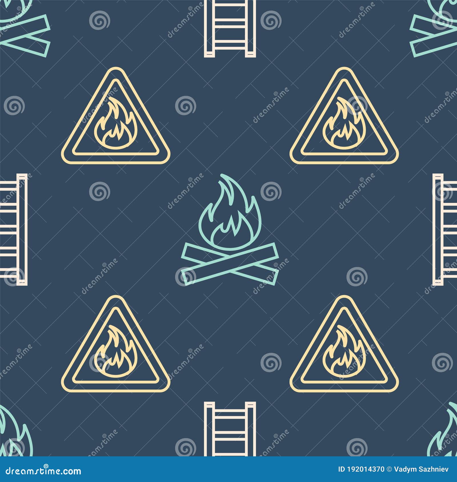 Set Line Fire Escape, Fire Flame in Triangle and Campfire on Seamless ...