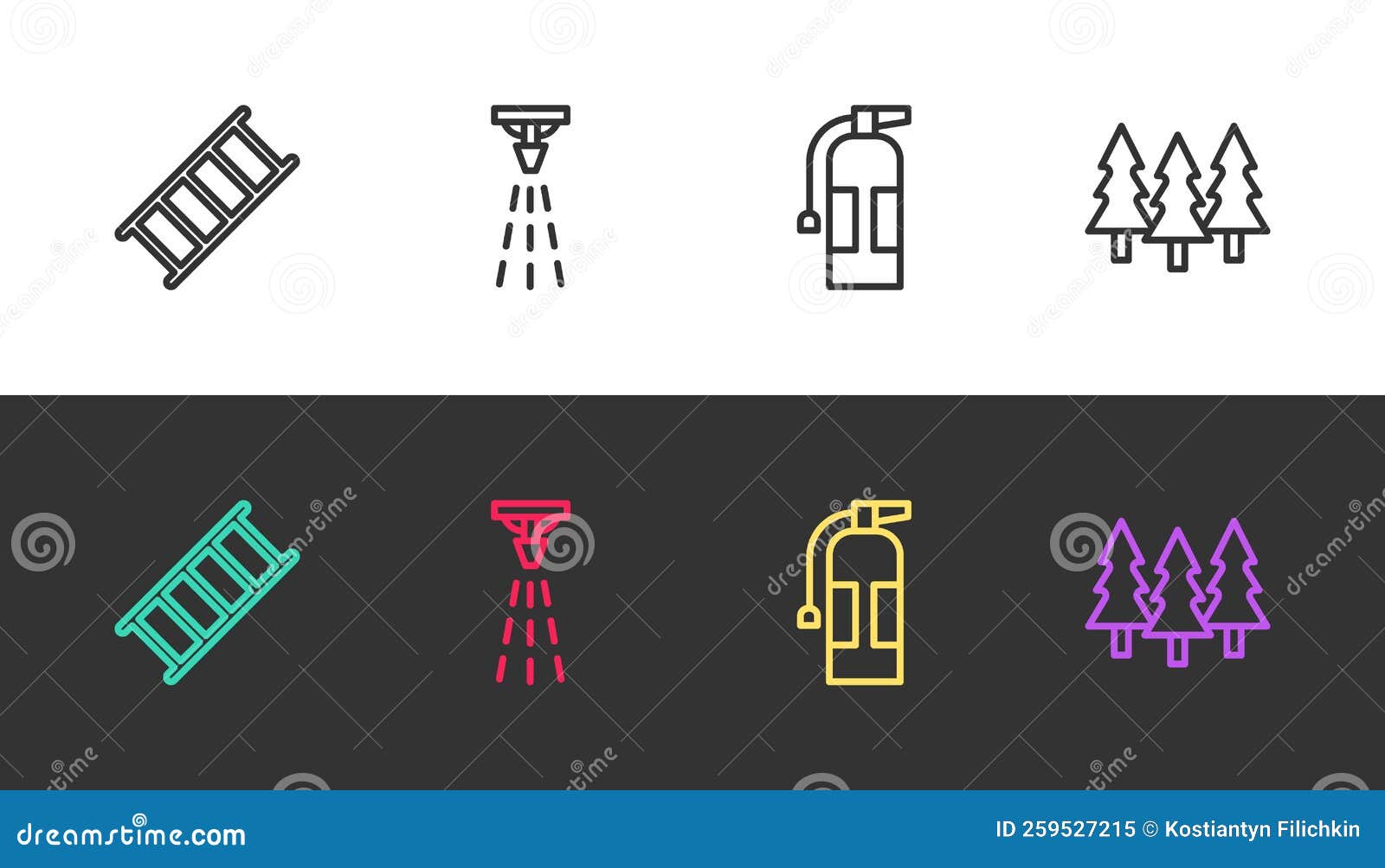 Set Line Fire Escape, Sprinkler, Extinguisher and Forest on Black and ...