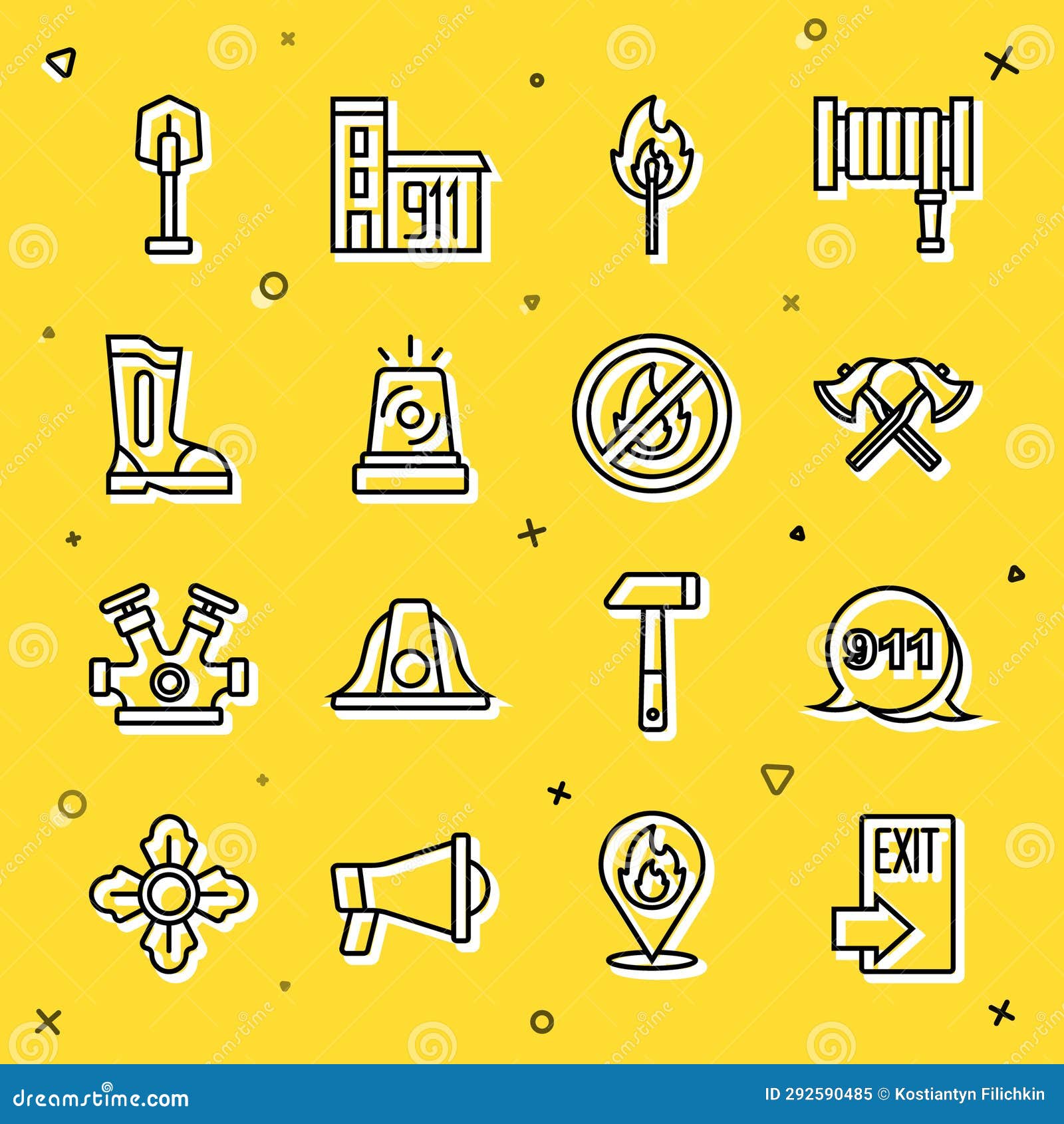 Set Line Fire Exit, Emergency Call 911, Firefighter Axe, Burning Match ...