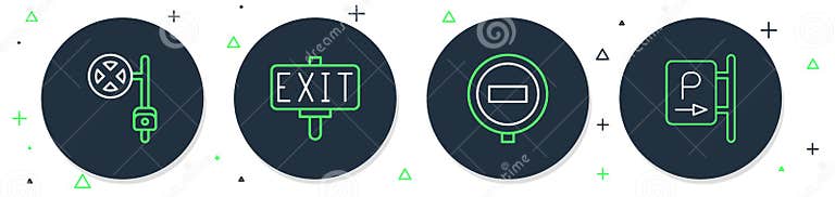 Set Line Fire Exit, Stop Sign, with Camera and Parking Icon. Vector ...