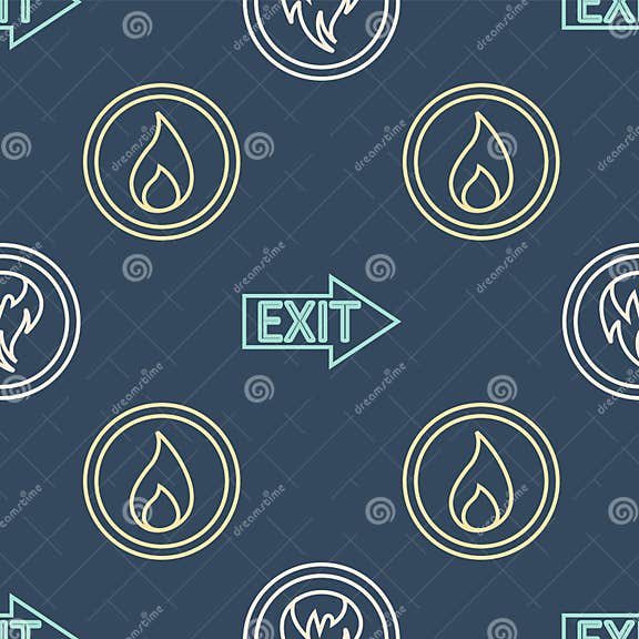 Set Line Fire Flame, Fire Flame and Fire Exit on Seamless Pattern ...