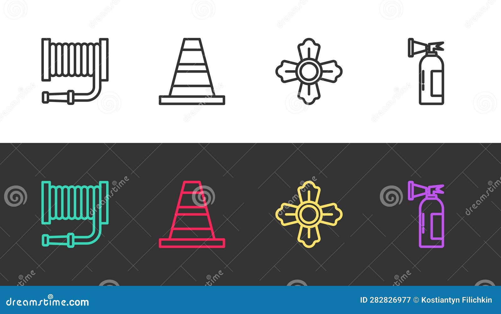 Set Line Fire Hose Reel, Traffic Cone, Firefighter and Extinguisher on ...