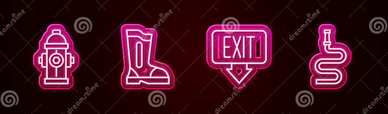 Set Line Fire Hydrant, Boots, Exit and Hose Reel. Glowing Neon Icon ...