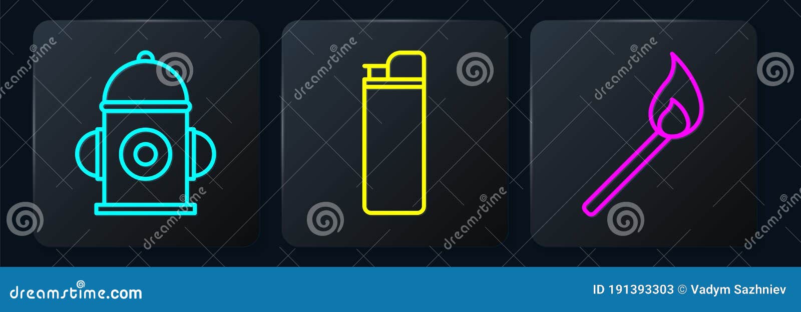 Set Line Fire Hydrant, Burning Match with Fire and Lighter. Black ...