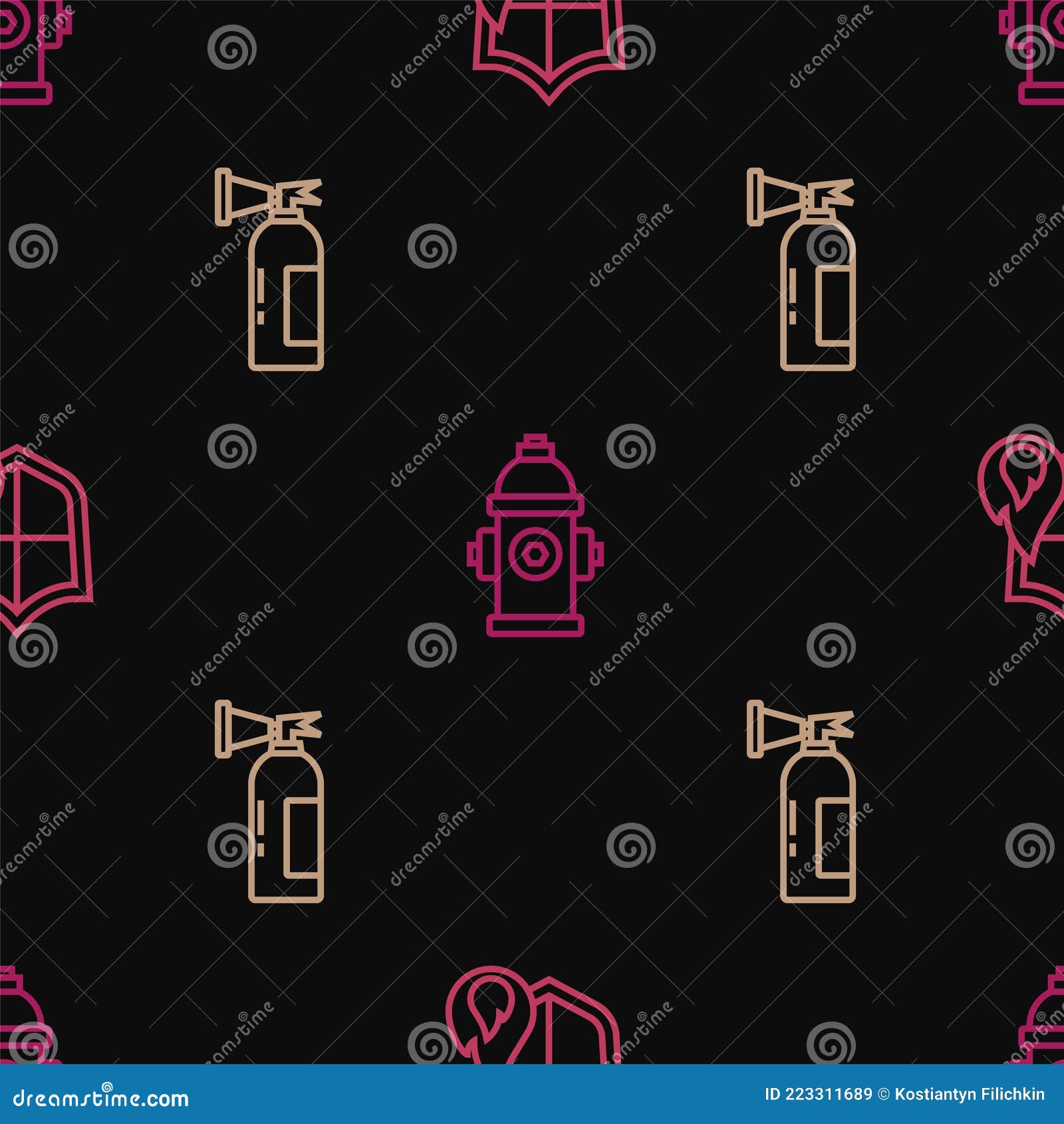 Set Line Fire Protection Shield, Extinguisher and Hydrant on Seamless Pattern. Vector Stock ...