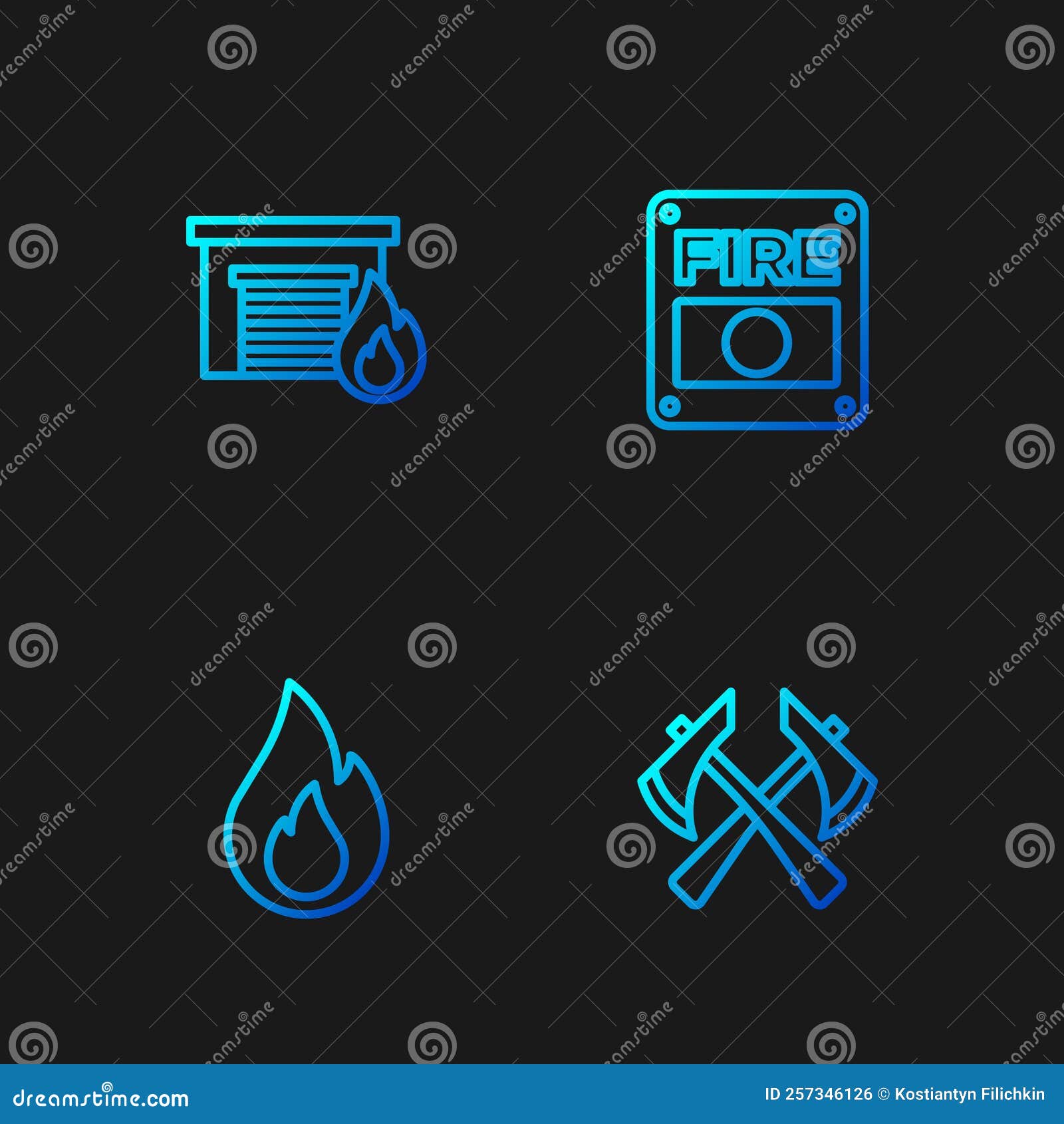 Set Line Firefighter Axe, Flame, in Burning Garage and Alarm System ...