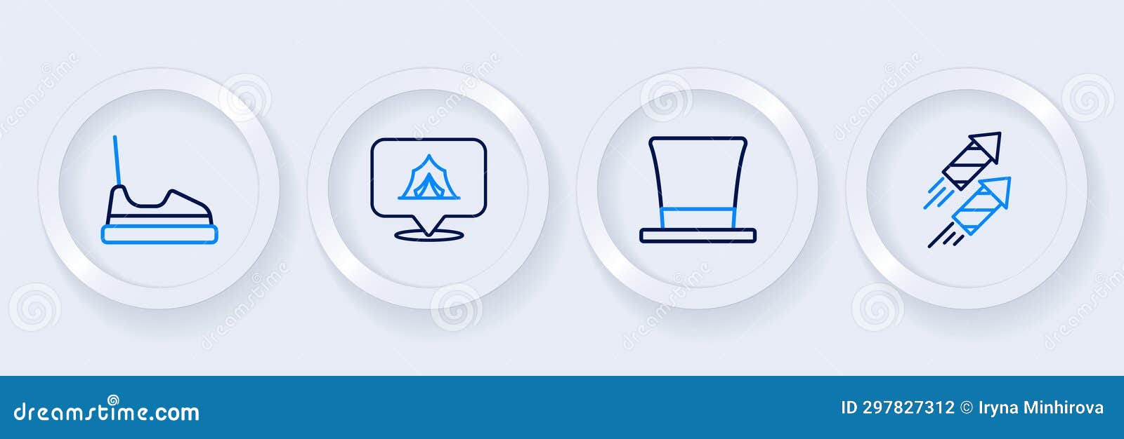 Set Line Firework Rocket, Cylinder Hat, Circus Tent and Bumper Car Icon ...