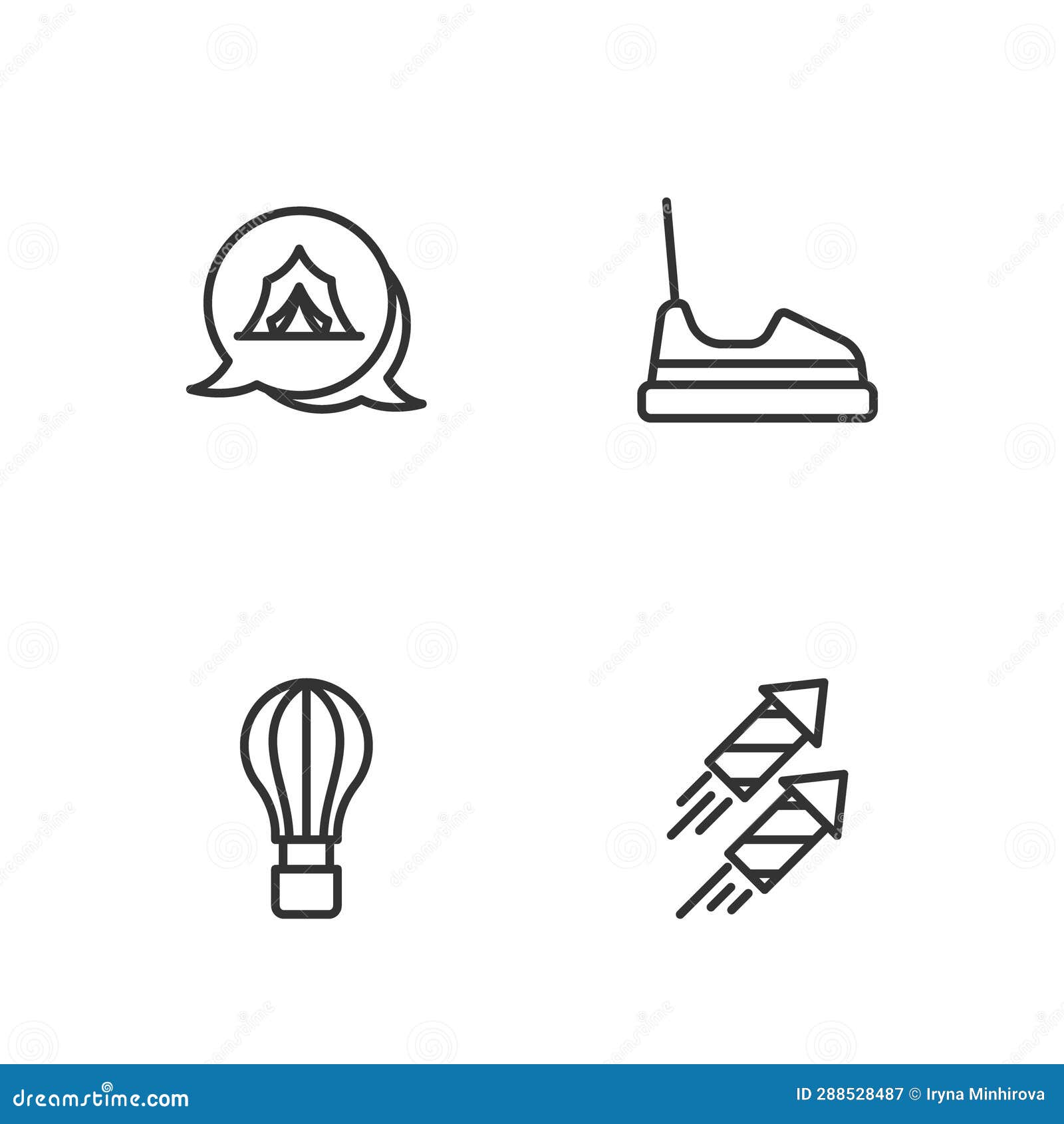 Set Line Firework Rocket, Hot Air Balloon, Circus Tent and Bumper Car ...