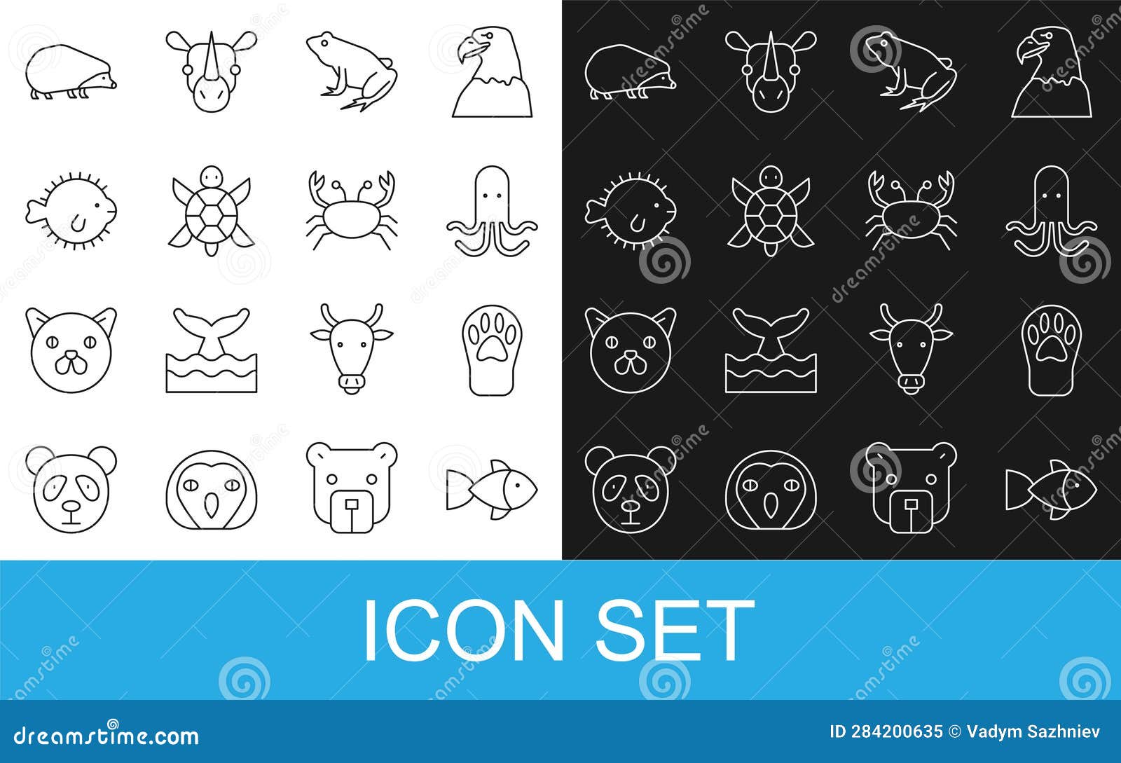 Set Line Fish, Paw Print, Octopus, Frog, Turtle, Puffer Fish, Hedgehog ...
