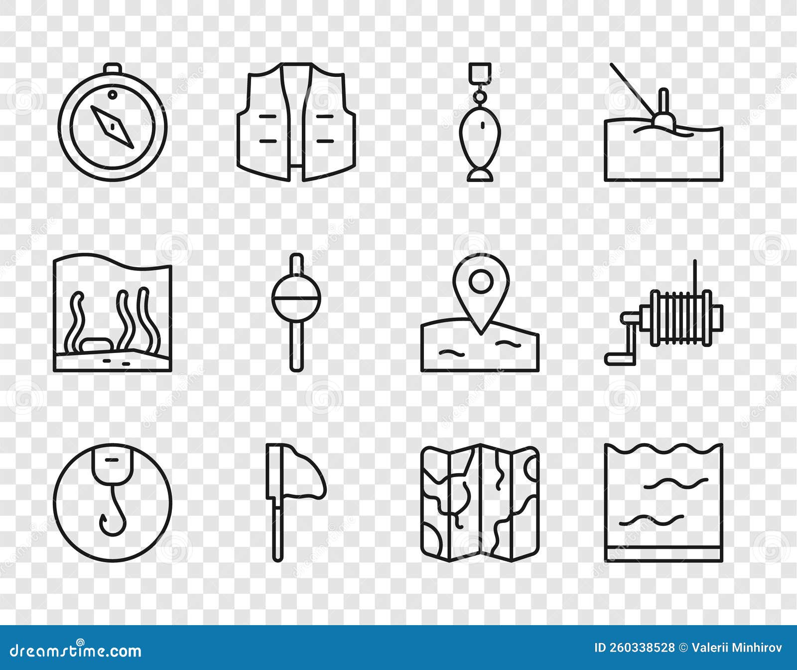 Set Line Fishing Hook, Aquarium, Spoon, Net with Fish, Compass, Float ...