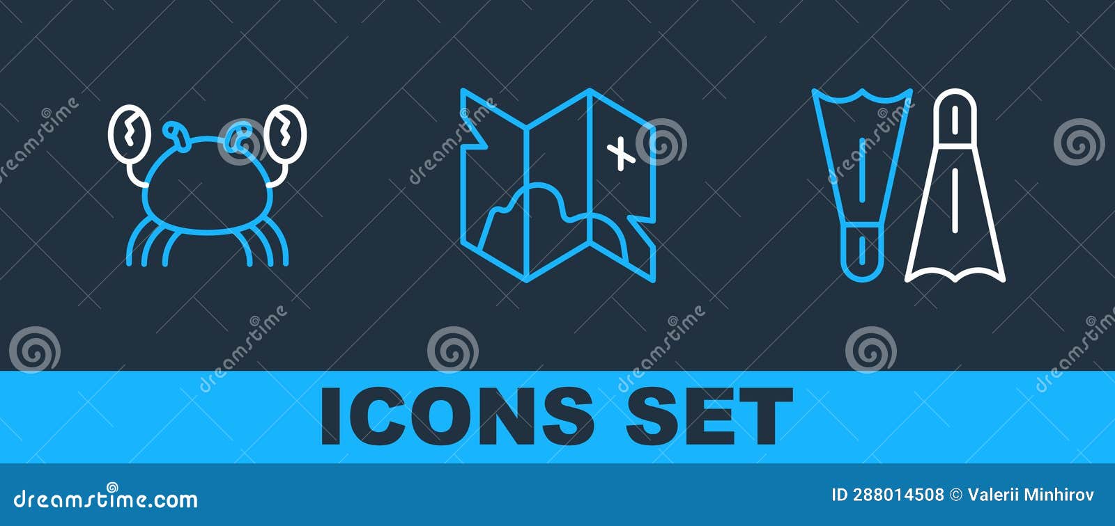 Set Line Flippers for Swimming, Crab and Pirate Treasure Map Icon ...