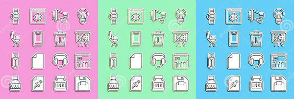 Set Line Floppy Disk, Graph Chart Infographic, Board with, Megaphone ... Set Line Floppy Disk, Graph Chart Infographic, Board with, Megaphone ...