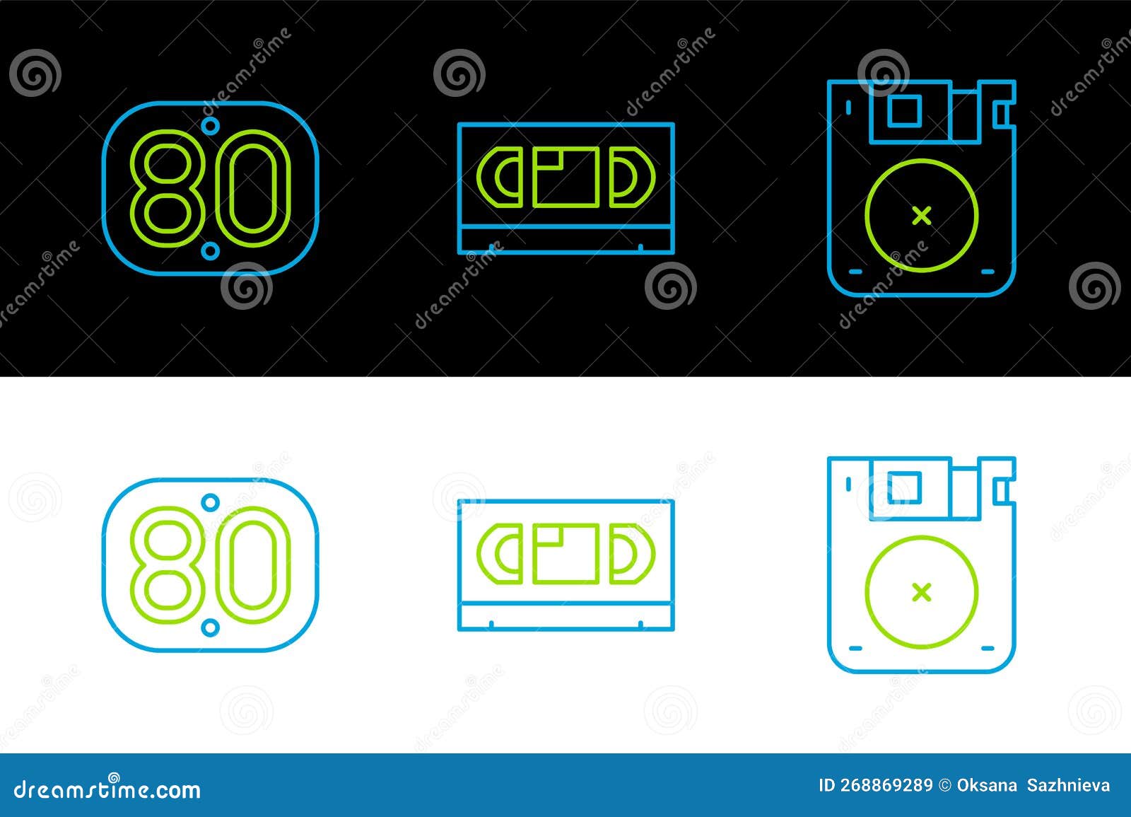 Set Line Floppy Disk, 80s Retro and VHS Video Cassette Tape Icon ...