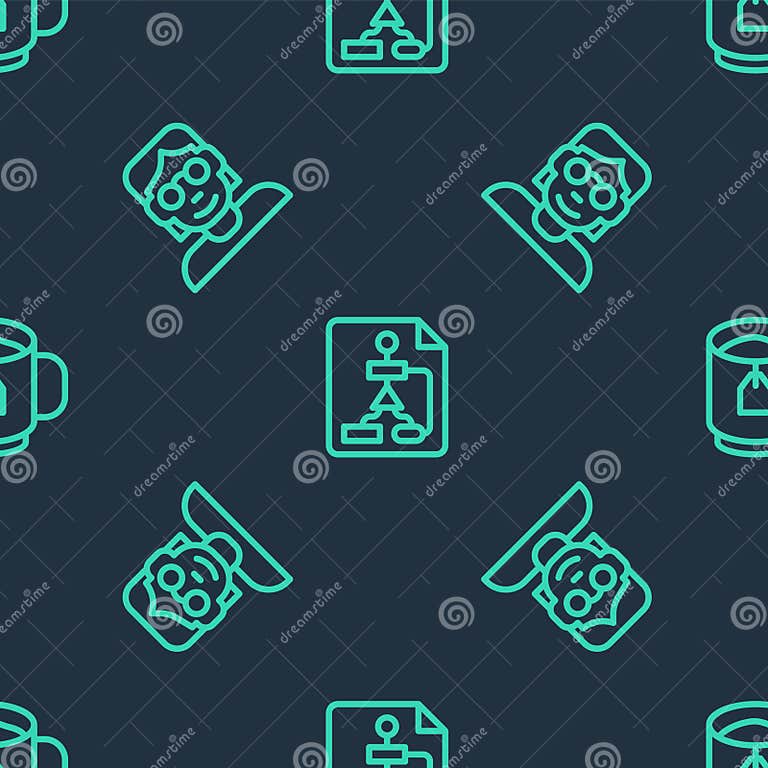 Set Line Flowchart Hacker Or Coder And Cup Of Tea With Tea Bag On Seamless Pattern Vector 9570