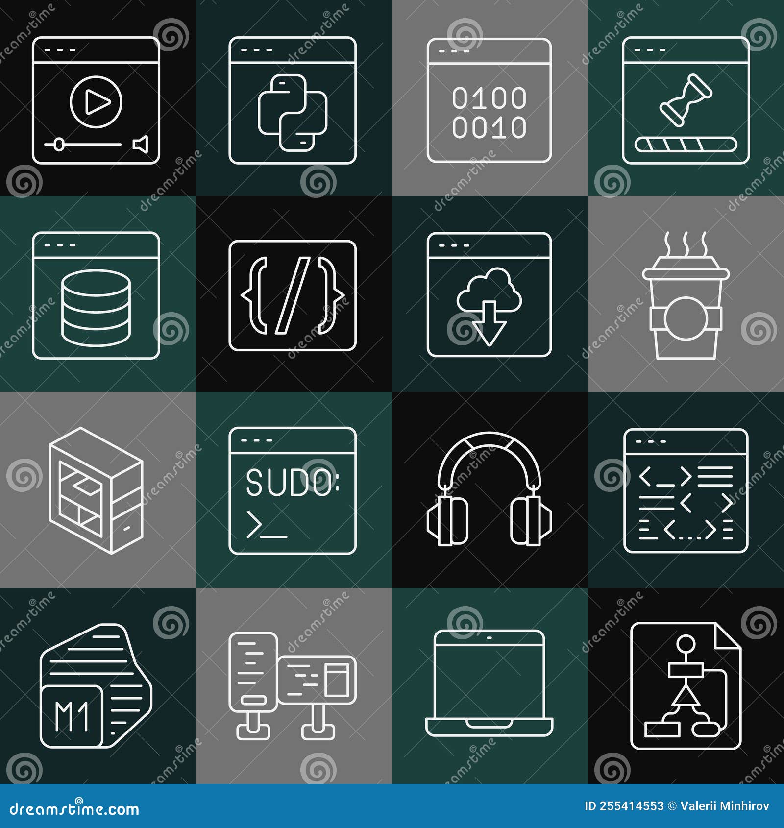 Set Line Flowchart Software Coffee Cup To Go Binary Code Programming Language Syntax Server