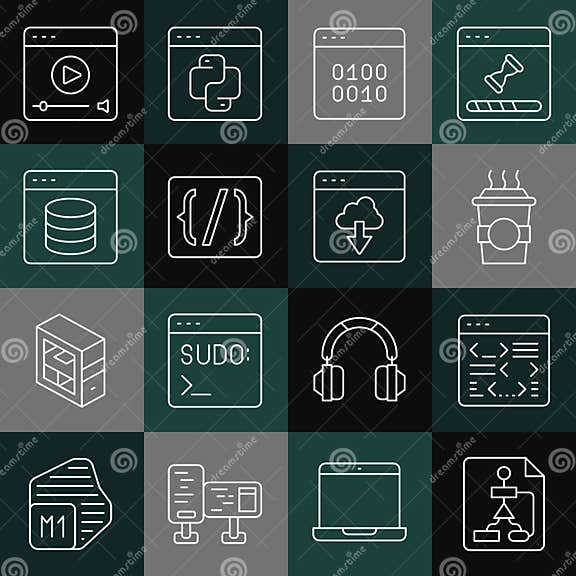 Set Line Flowchart Software Coffee Cup To Go Binary Code