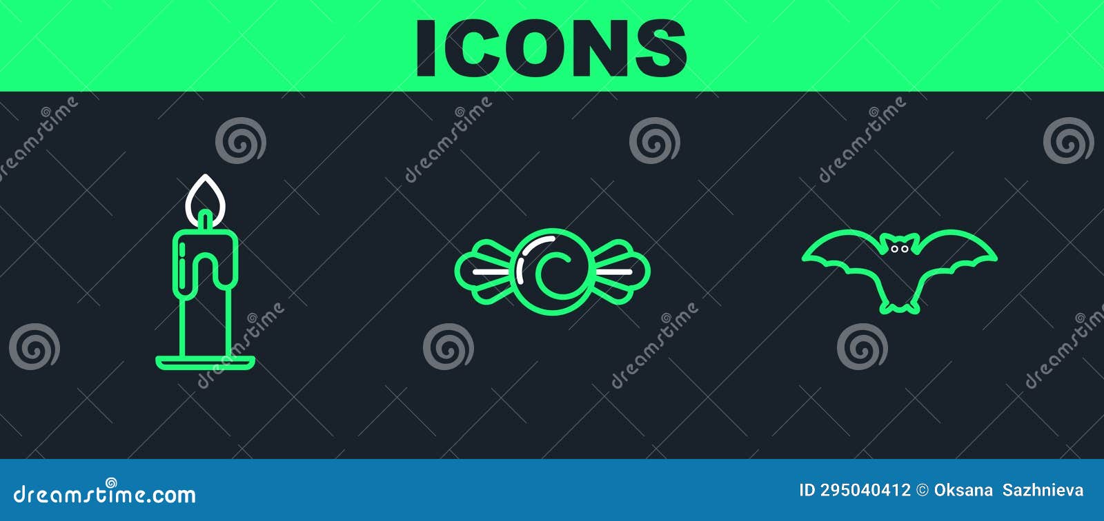 Set Line Flying Bat, Burning Candle and Candy Icon. Vector Stock ...