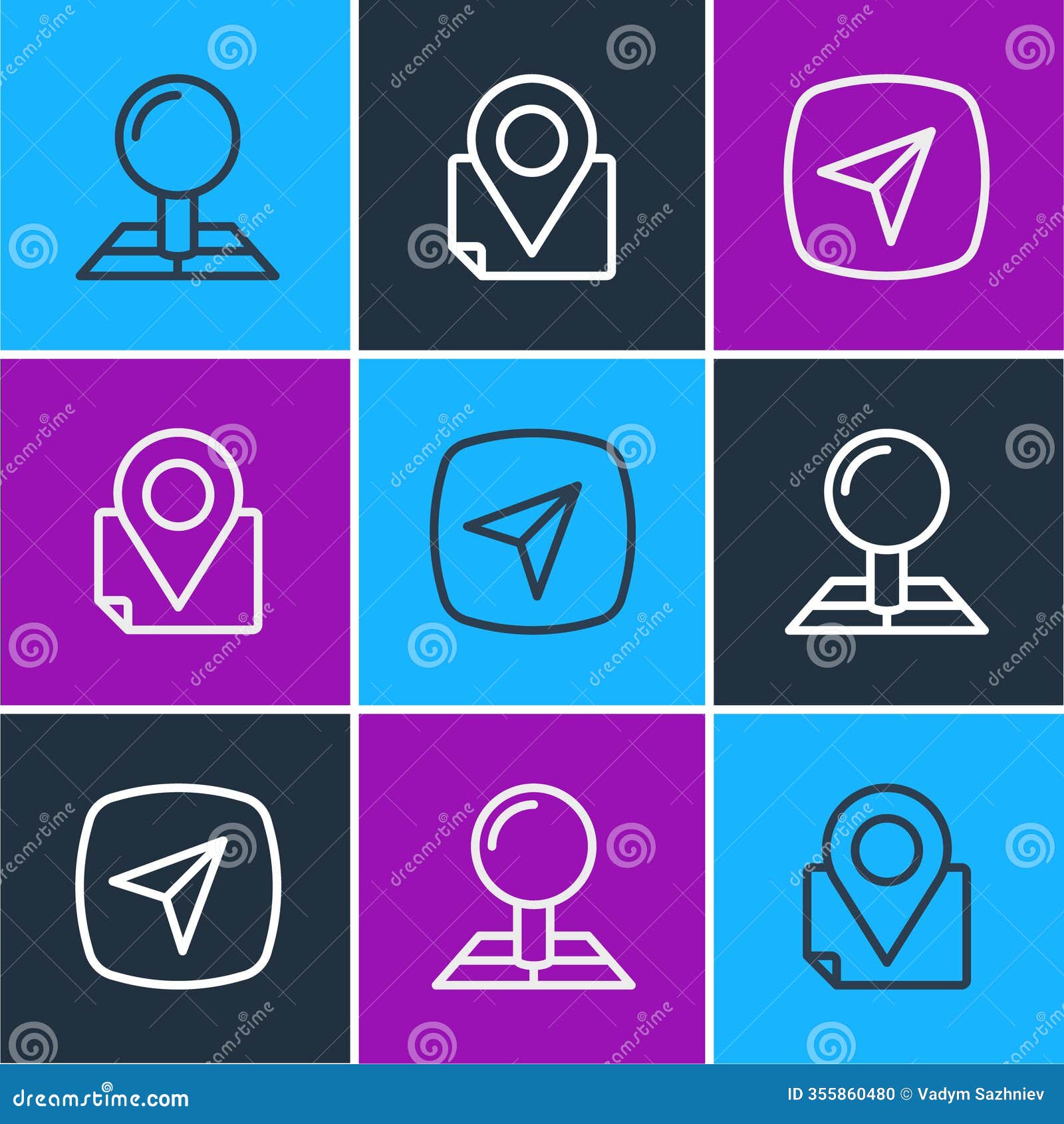 Set Line Folded Map with Location Marker, City Navigation and Icon ...