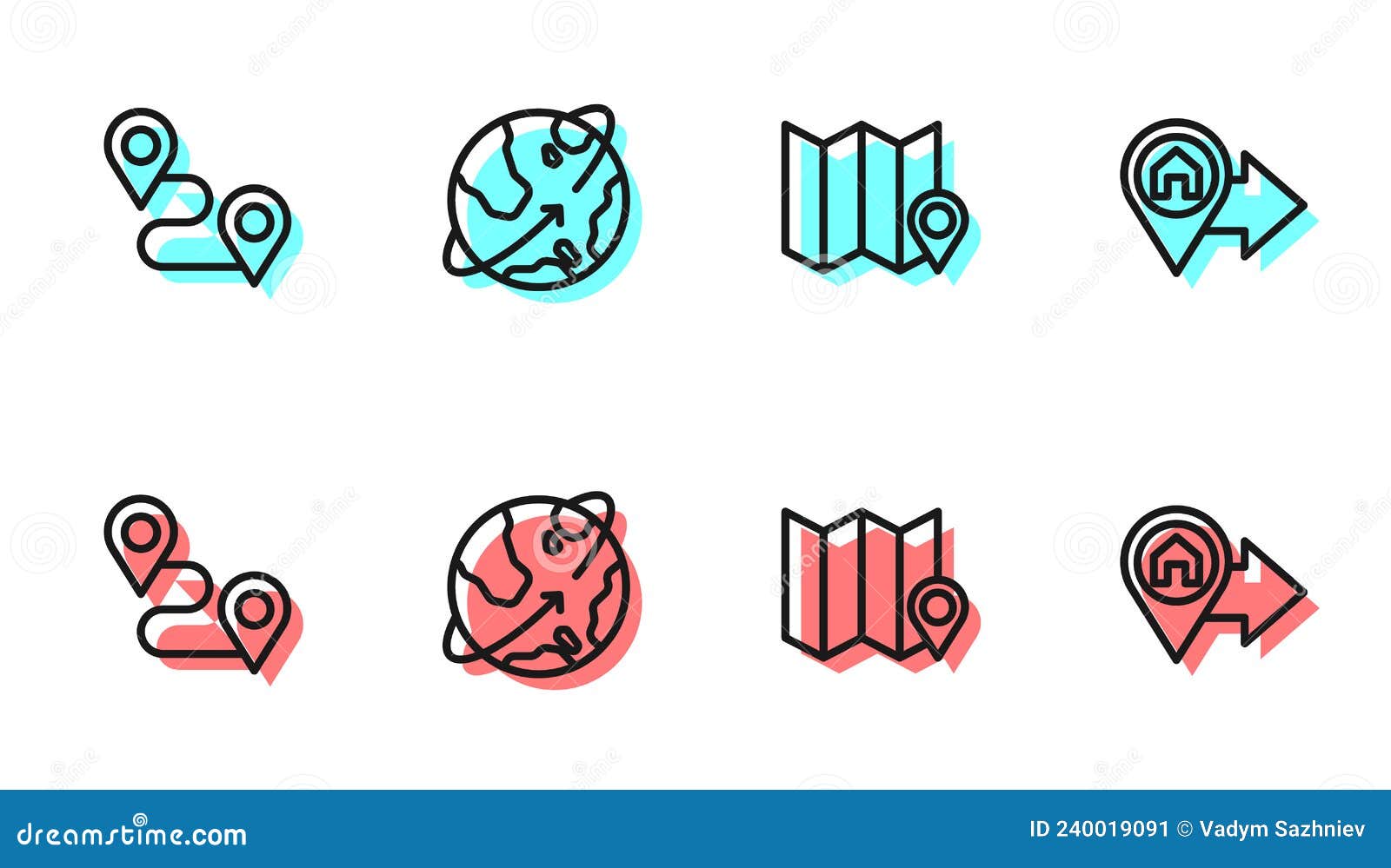 Set Line Folded Map with Location Marker, Route, Satellites Orbiting ... Set Line Folded Map with Location Marker, Route, Satellites Orbiting ...