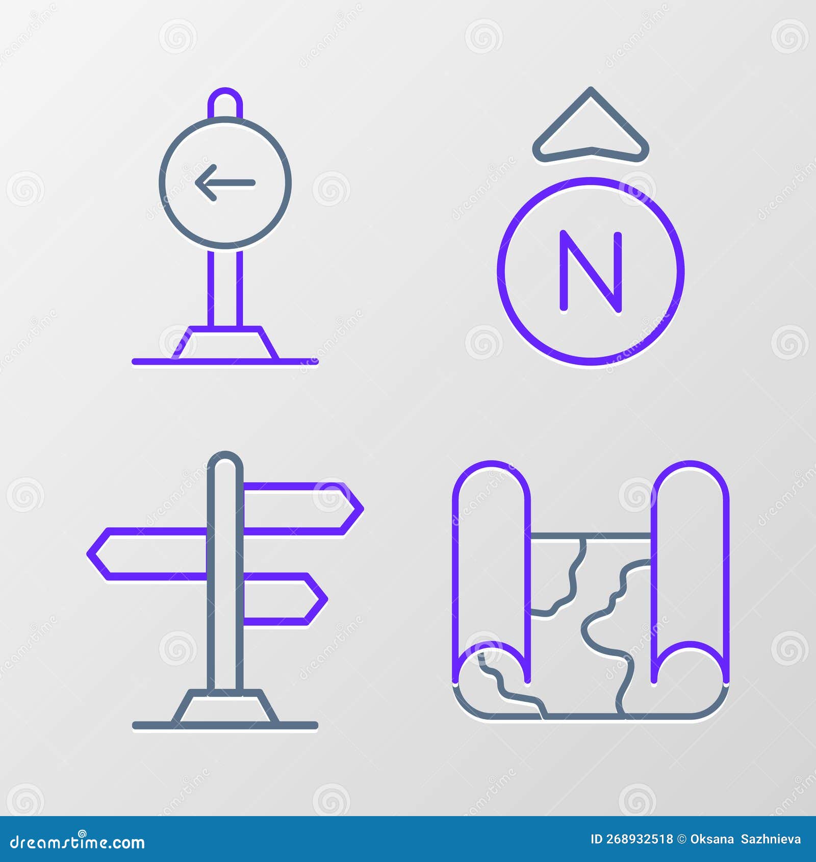 Set Line Folded Map, Road Traffic Sign, Compass and Traffic Turn Left ...