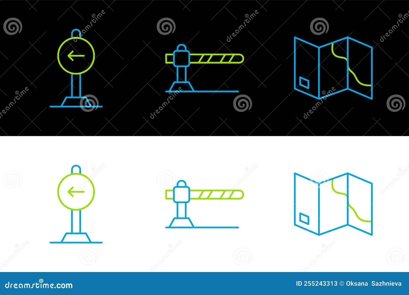 Set Line Folded Map, Traffic Sign Turn Left and Parking Car Barrier ...