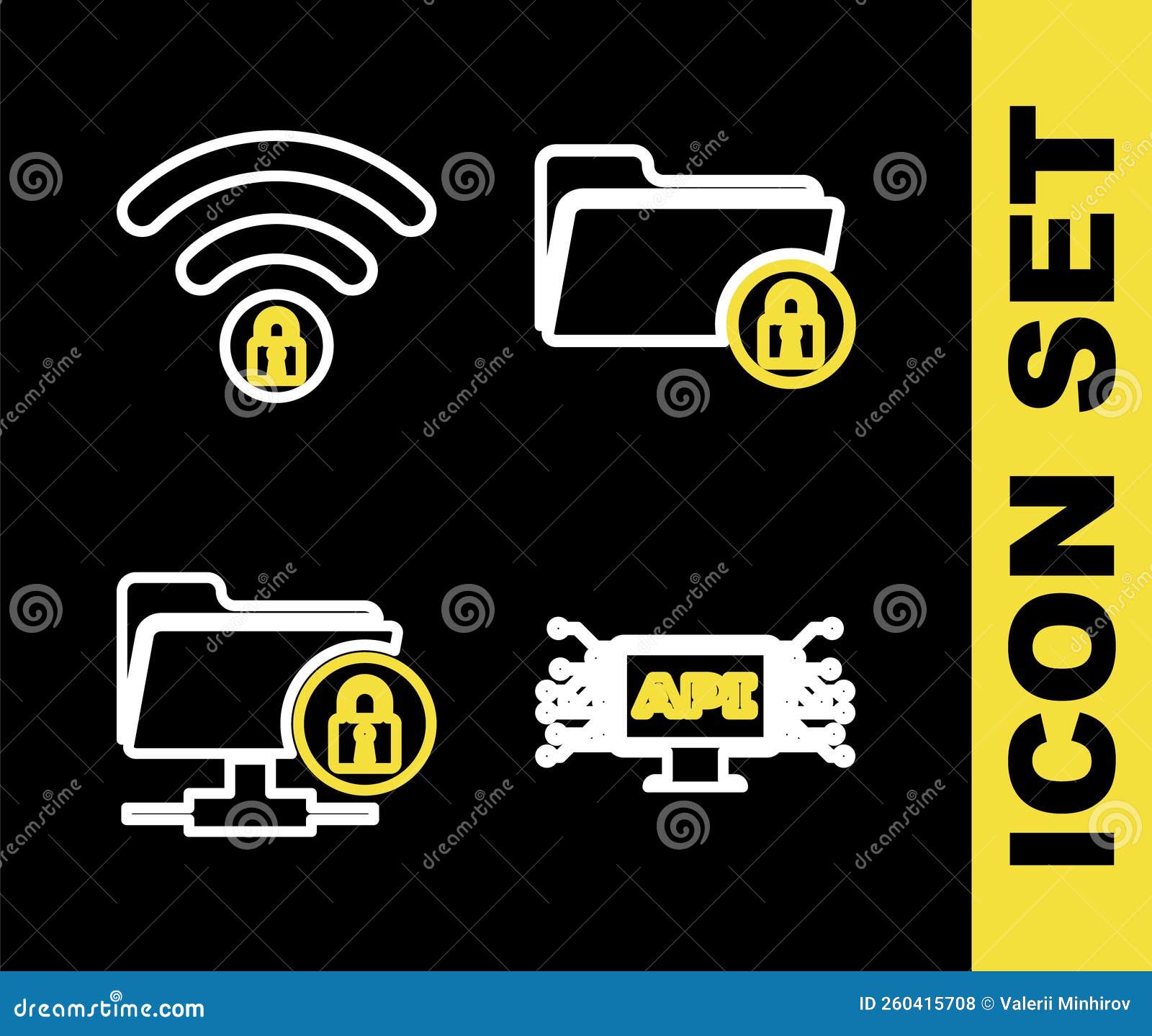 Set Line Folder And Lock Computer Api Interface Ftp Folder And Wifi Locked Icon Vector Stock 0644