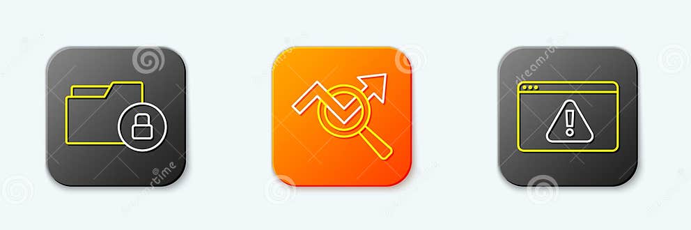 Set Line Folder and Lock, Search Data Analysis and Browser with Exclamation Mark Icon. Vector ...