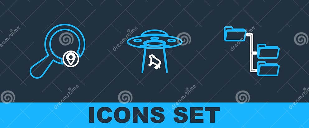 Set Line Folder Tree, Search Location and UFO Abducts Cow Icon. Vector ... Set Line Folder Tree, Search Location and UFO Abducts Cow Icon. Vector ...