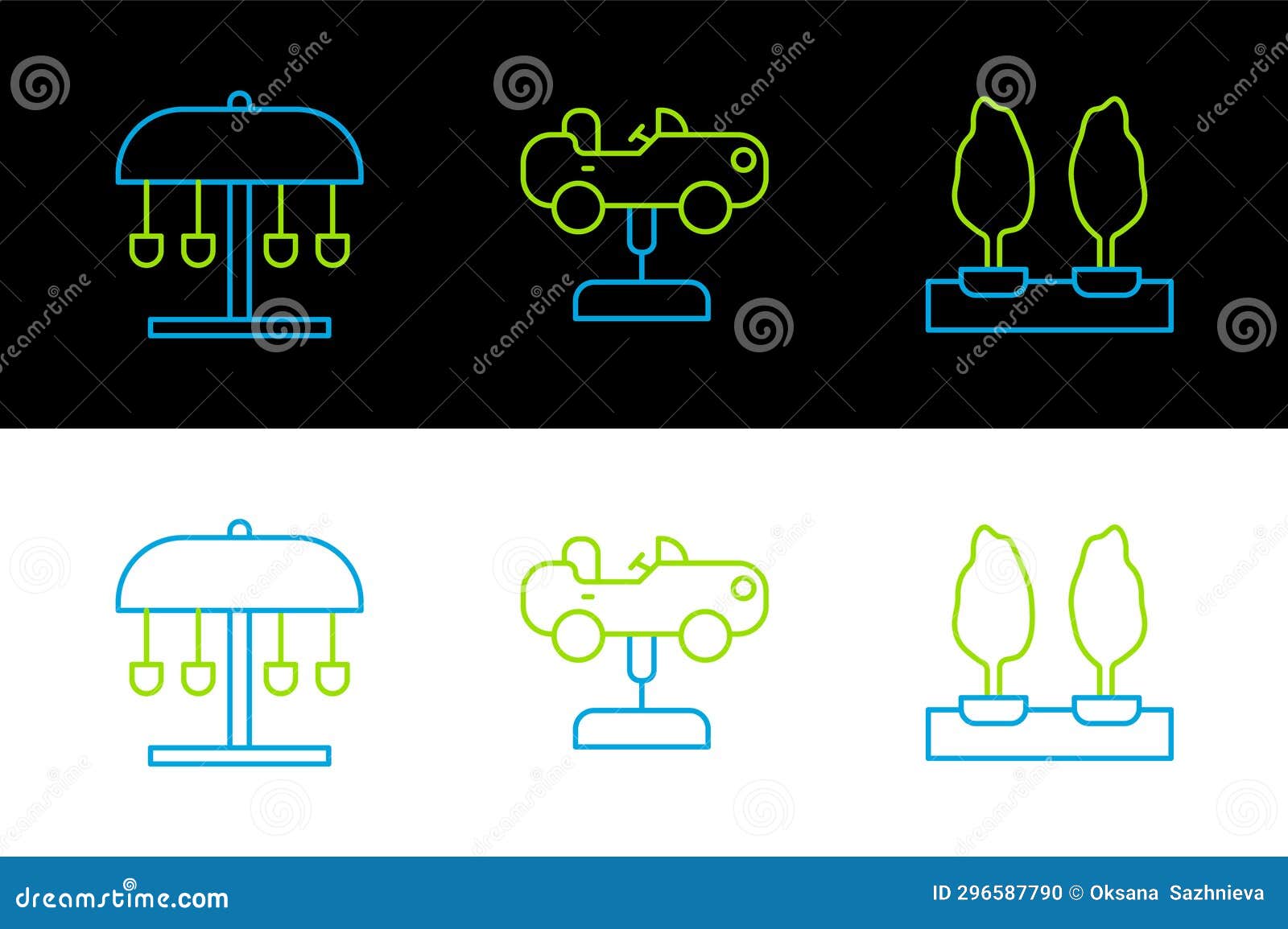 Set Line Forest, Attraction Carousel and Swing Icon. Vector Stock ...