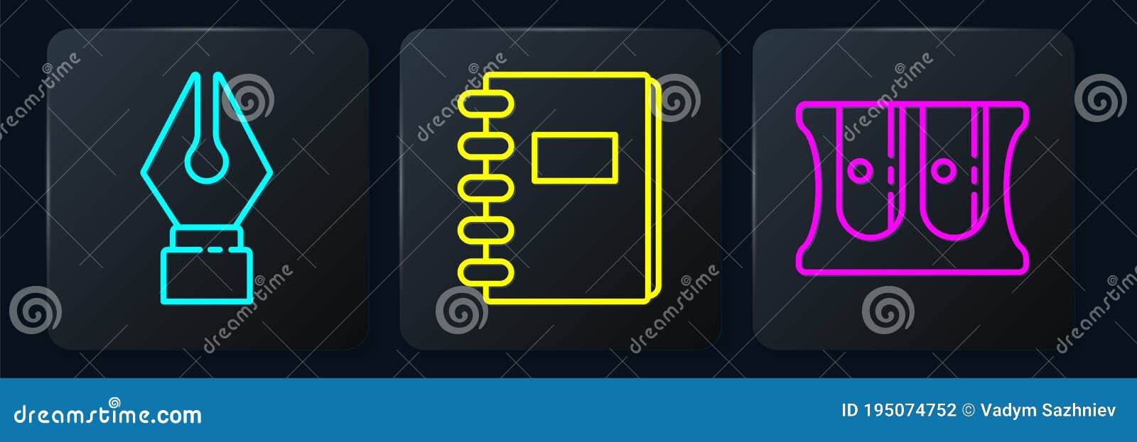 Set Line Fountain Pen Nib, Pencil Sharpener and Spiral Notebook. Black ...