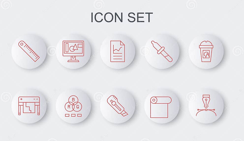 Set Line Fountain Pen Nib, Plotter, Document with Graph Chart, Roll of Paper, Ruler, Computer ...