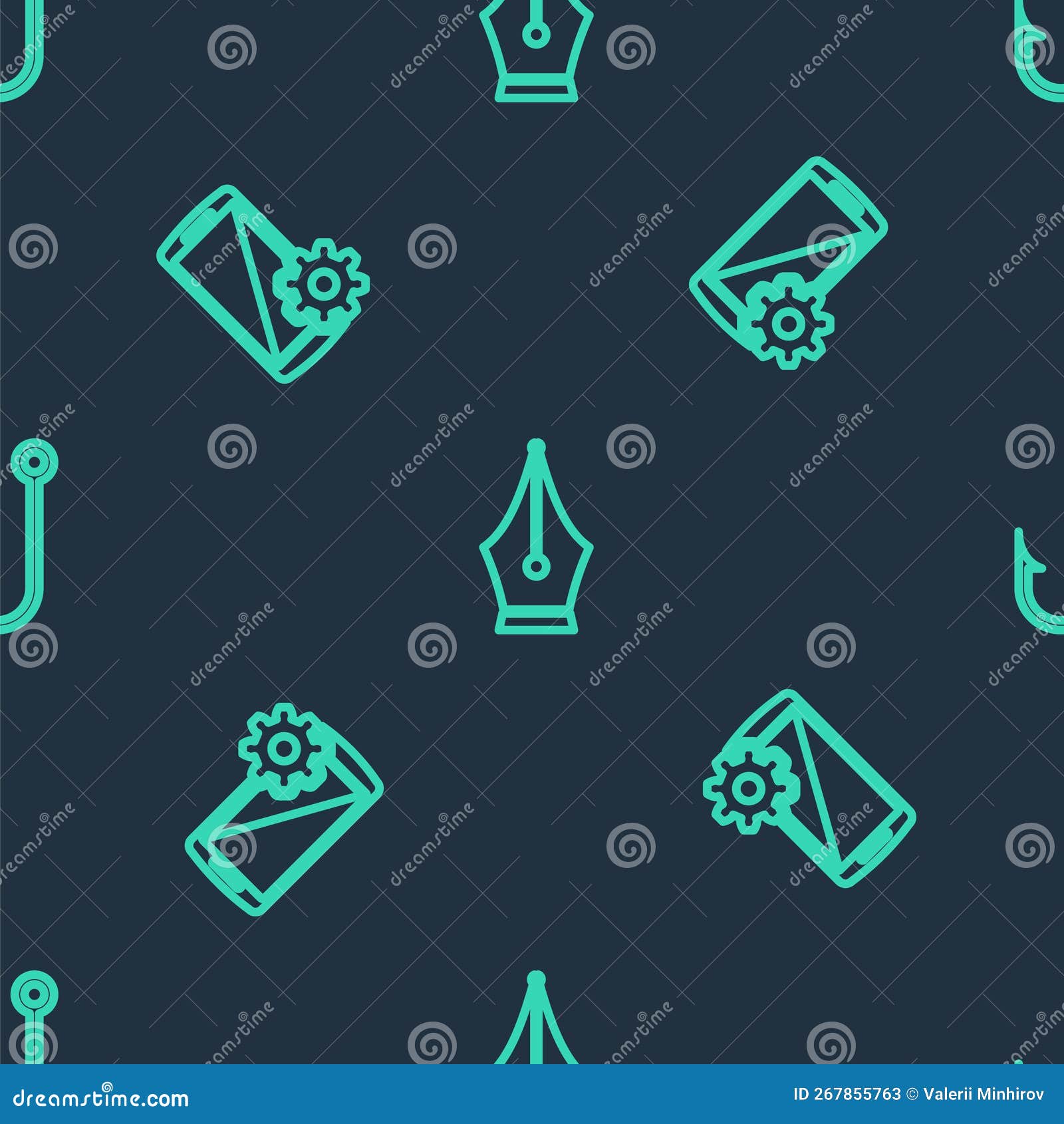 Set Line Fountain Pen Nib, Setting on Smartphone and Fishing Hook on Seamless Pattern. Vector ...
