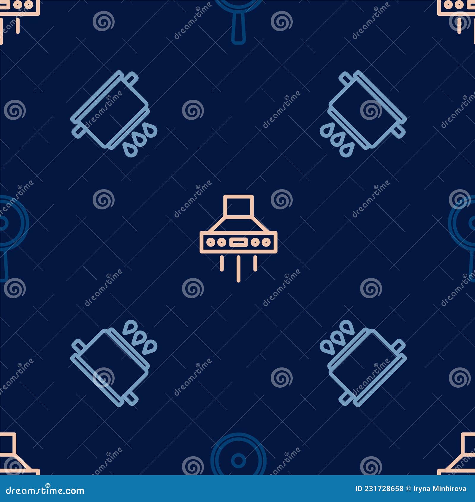 Set Line Frying Pan, Cooking Pot on Fire and Kitchen Extractor Fan on ...