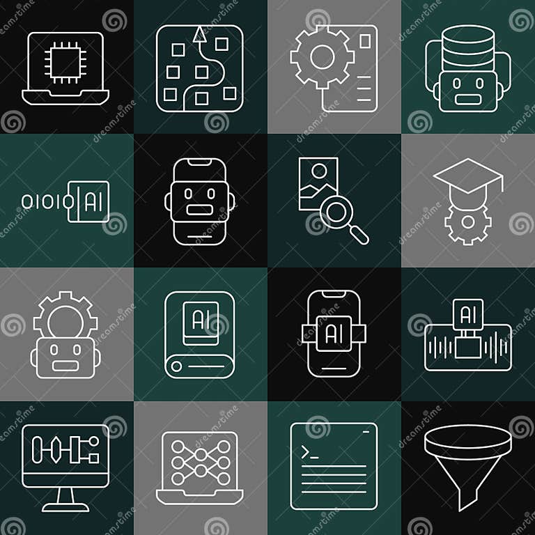 Set Line Funnel or Filter, Artificial Intelligence AI, Graduation Cap, Neural Network, Chat Bot ...