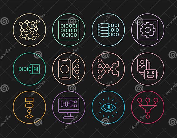 Set Line Funnel Or Filter Artificial Intelligence Robot Binary Code Neural Network And Icon 0646