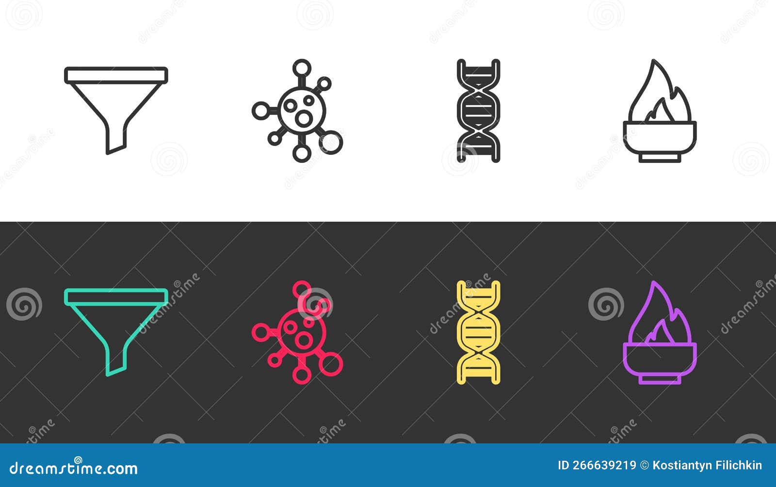 Set Line Funnel or Filter, Molecule, DNA Symbol and Alcohol Spirit ...