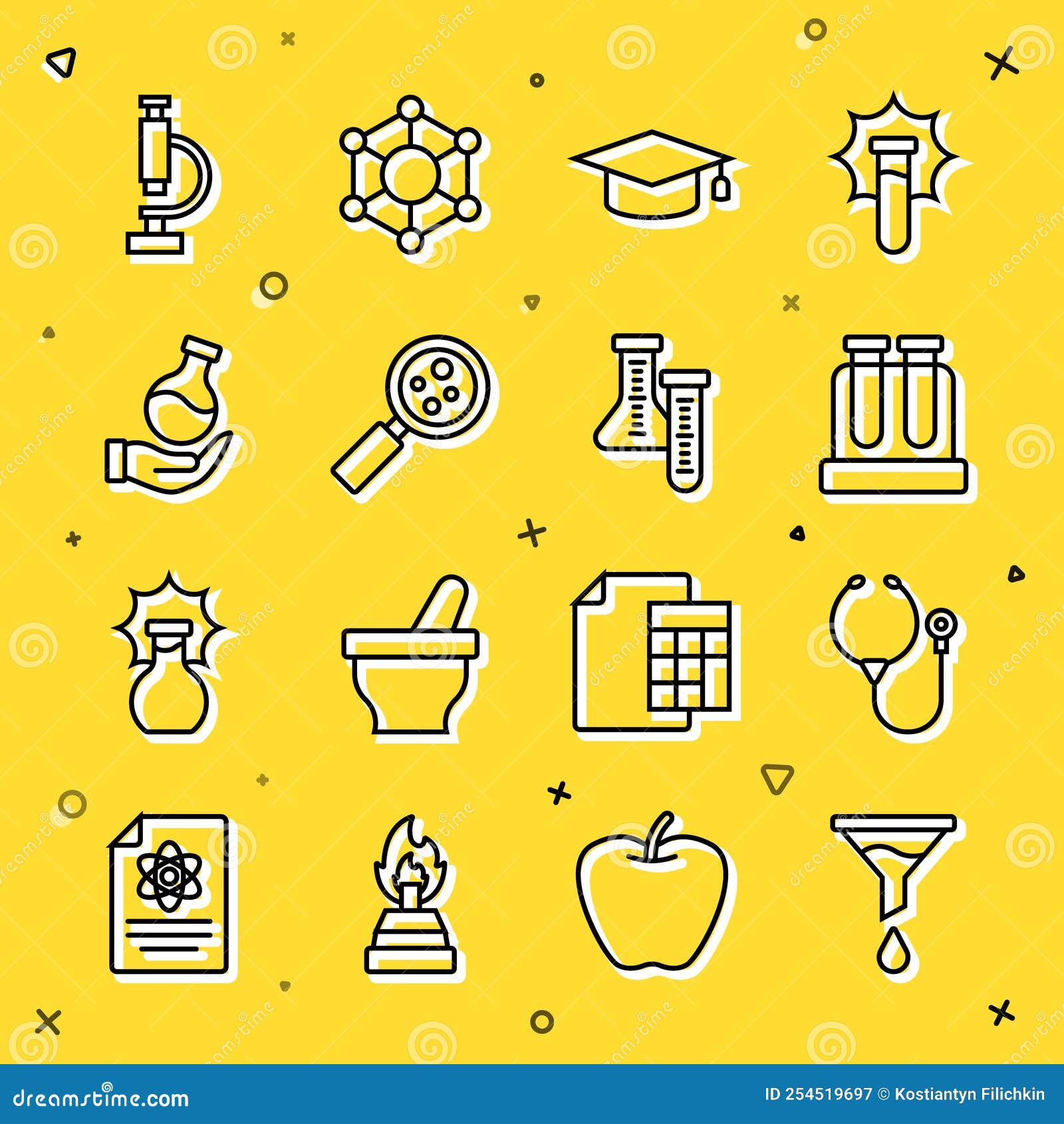 Set Line Funnel or Filter, Stethoscope, Test Tube, Graduation Cap ...