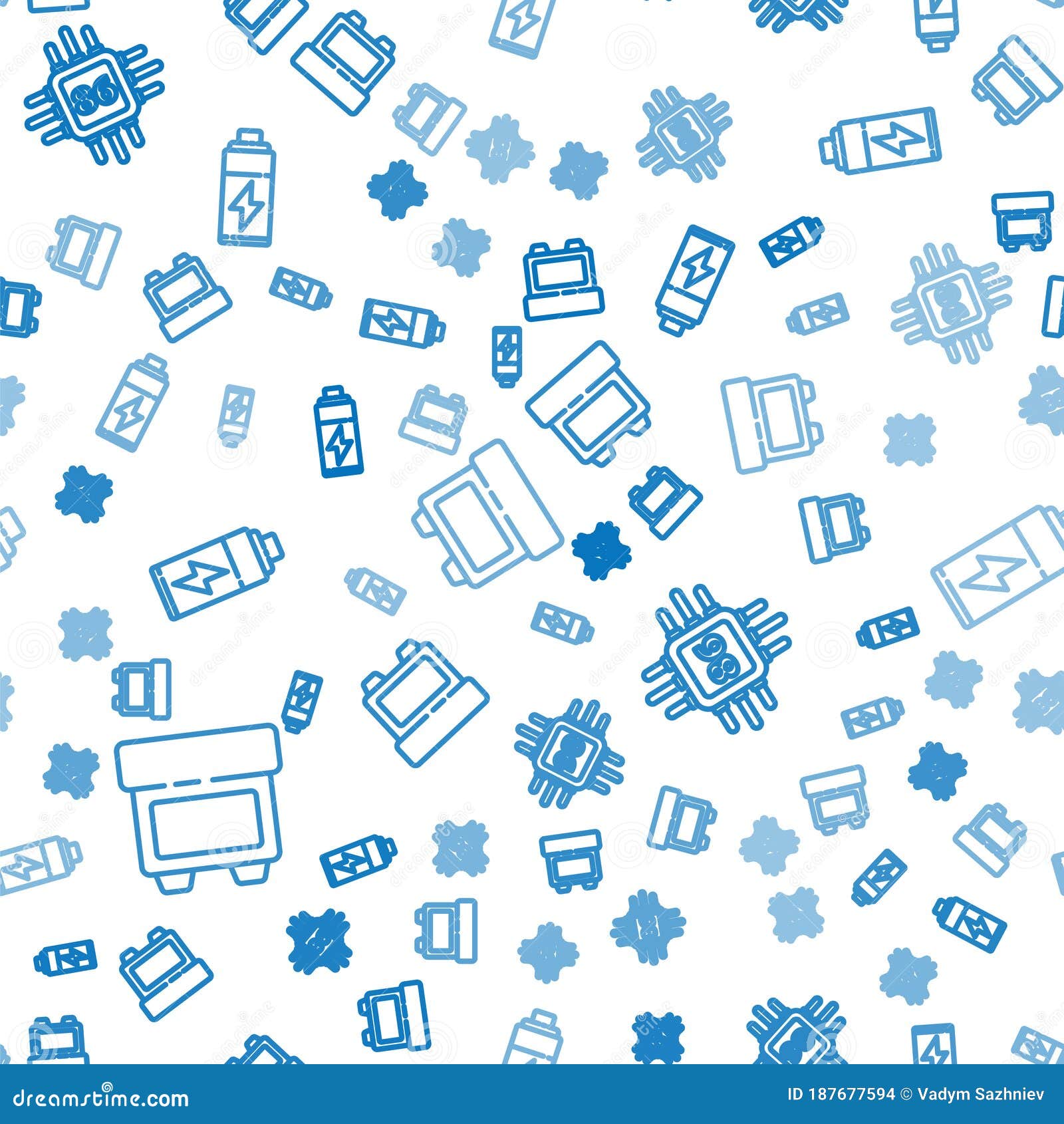 Set Line Fuse Processor With Microcircuits Cpu And Battery On Seamless Pattern Vector Stock