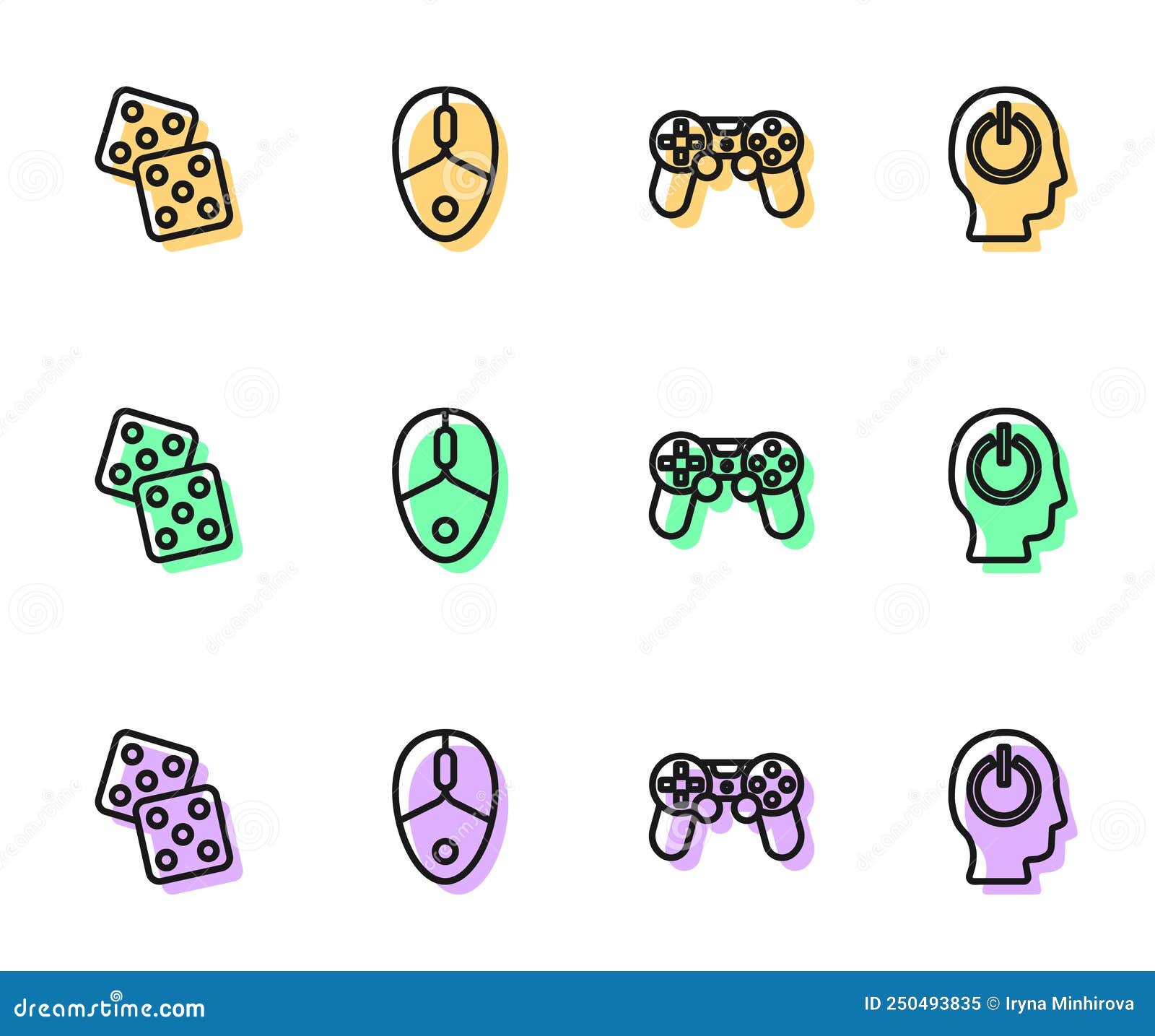 Set Line Game Controller or Joystick, Dice, Computer Mouse and Power Button Icon. Vector Stock ...