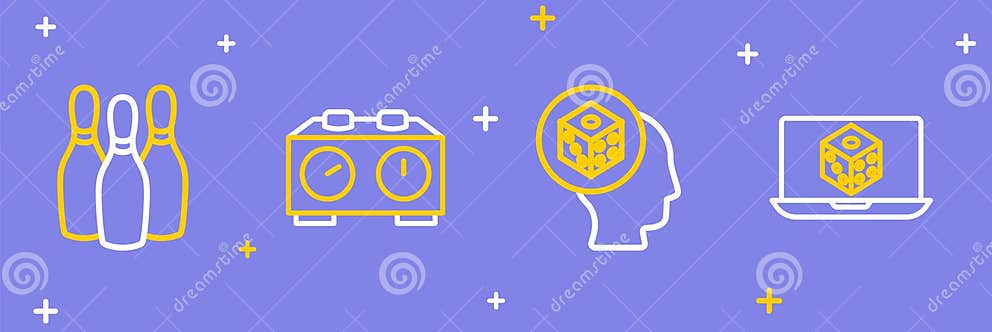 Set Line Game Dice, Time Chess Clock and Bowling Pin Icon. Vector Stock ...