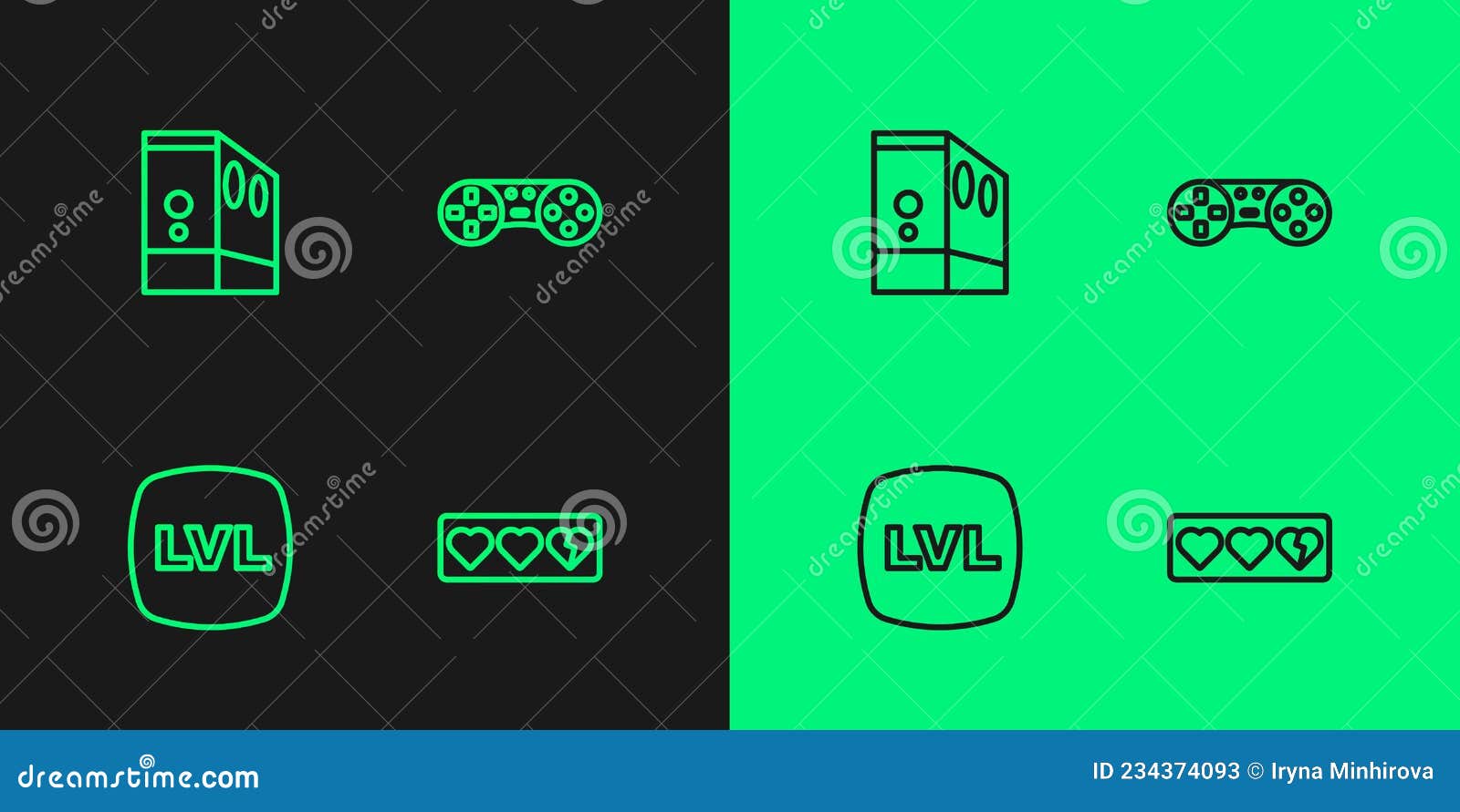 Set Line Game Life Bar Level Game Case Of Computer And Controller Or Joystick Icon Vector