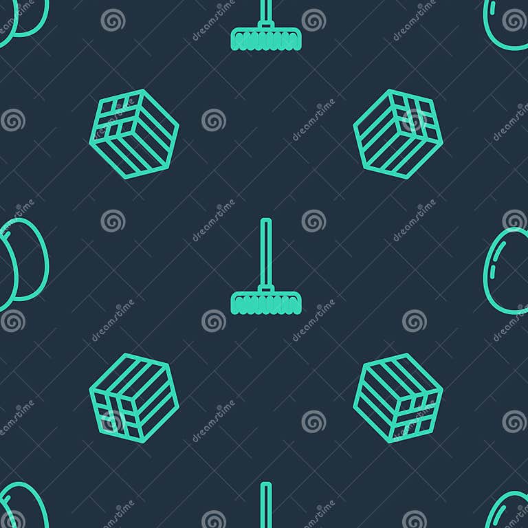 Set Line Garden Rake, Bale of Hay and Chicken Egg on Seamless Pattern ...