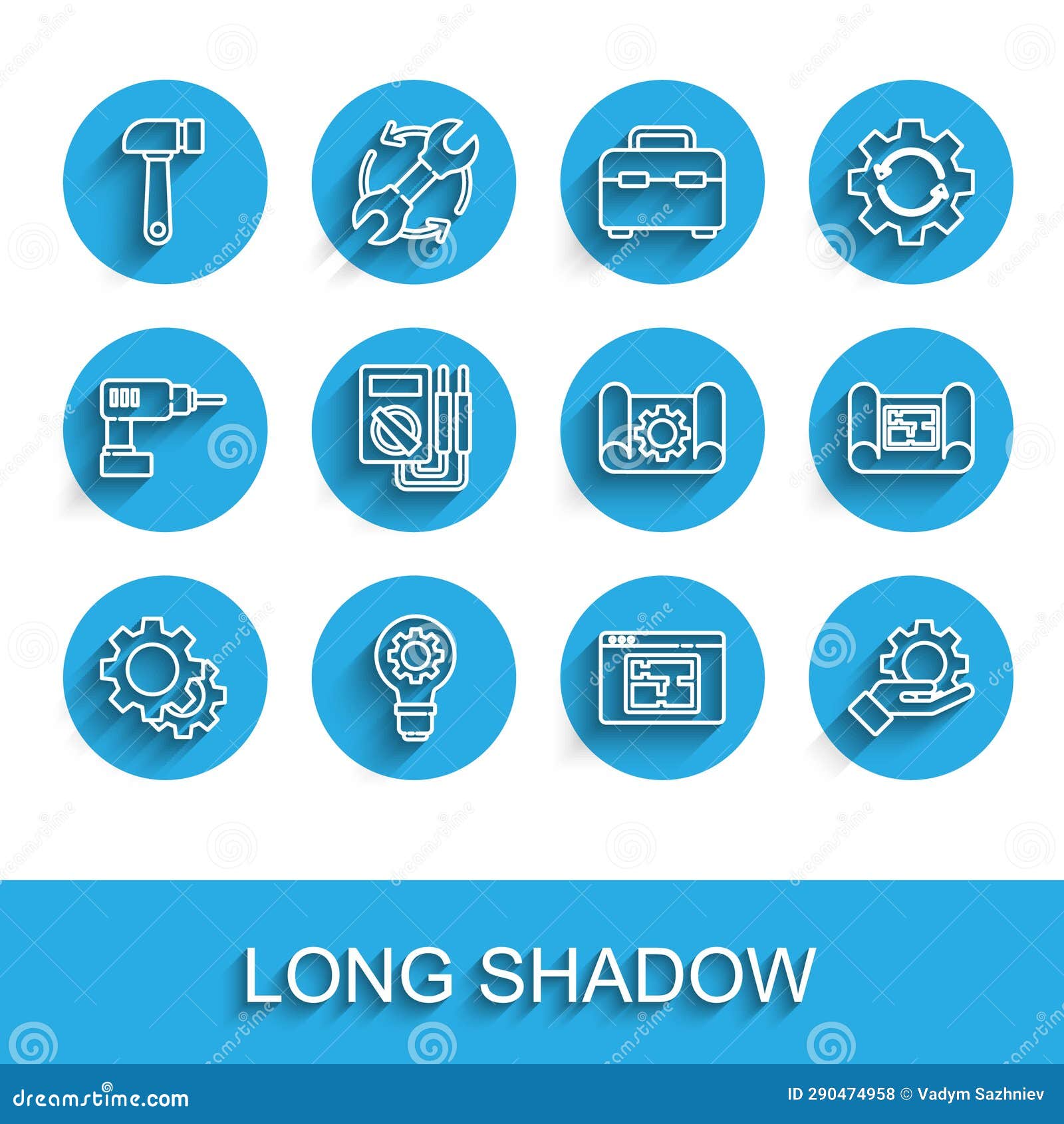 Set Line Gear, Light Bulb and Gear, Hammer, House Plan, Settings in the ...