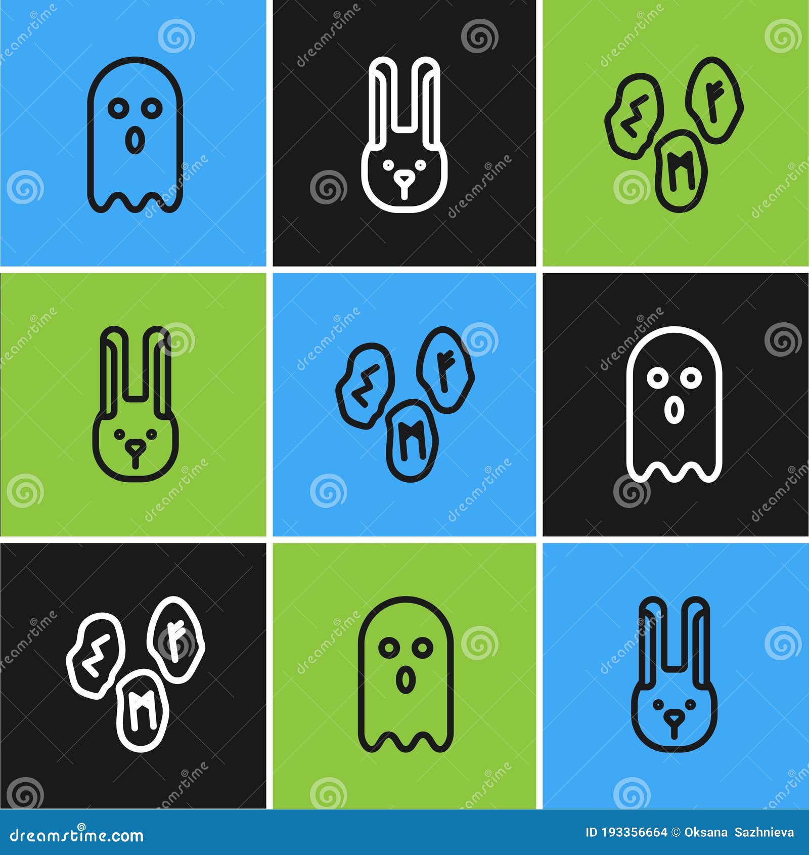 Set Line Ghost, Magic Runes and Rabbit with Ears Icon. Vector Stock ...